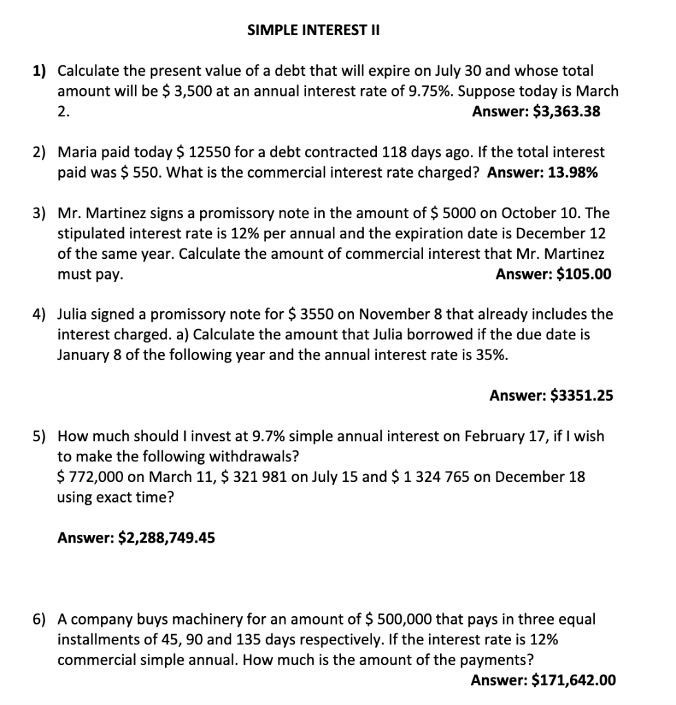 Solved SIMPLE INTEREST II 1) Calculate the present value of | Chegg.com