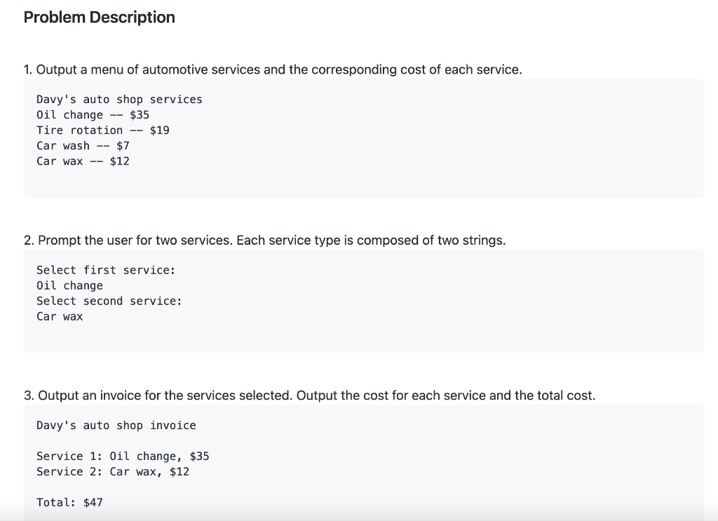 Solved Problem Description 1. Output a menu of automotive | Chegg.com