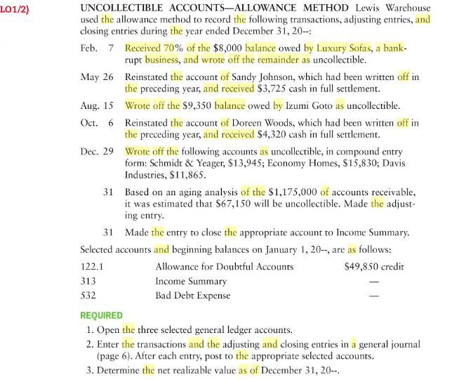 Solved UNCOLLECTIBLE ACCOUNTS-ALLOWANCE METHOD Lewis | Chegg.com