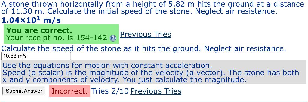 Solved A stone thrown horizontally from a height of 5.82 m | Chegg.com