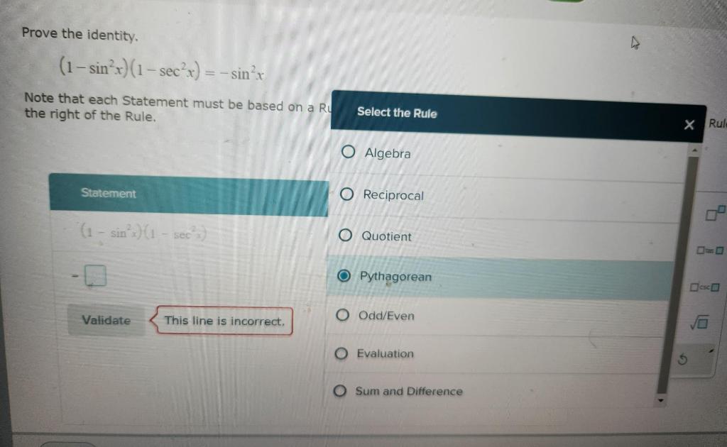 Solved Prove the identity. (1−sin2x)(1−sec2x)=−sin2x Note | Chegg.com