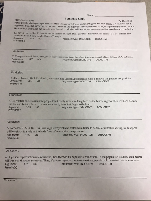 Solved Name: Symbolic Logie PHIL/MATH 3000 Problem Set #1 | Chegg.com