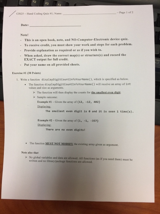 Solved F2 F3 CLS25-Hand Coding Quiz #1; Name: - Page 1 of 2 | Chegg.com