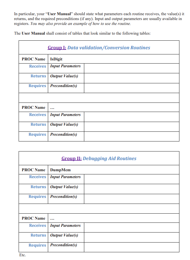 Solved In particular, your "User Manual" should state what | Chegg.com