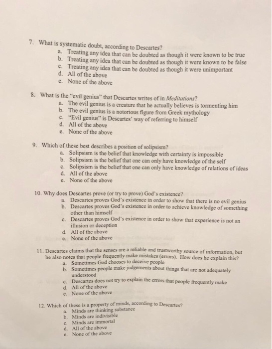 7. What is systematic doubt, according to Descartes? | Chegg.com