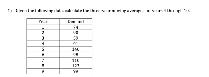 Solved 1) Given the following data, calculate the three-year | Chegg.com