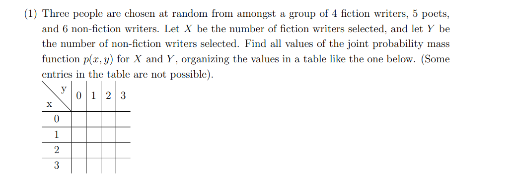 Solved (1) Three people are chosen at random from amongst a | Chegg.com