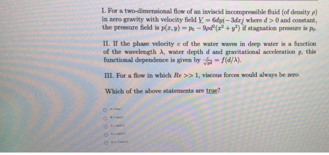 Solved I. For a two-dimensional flow of an inviscid | Chegg.com