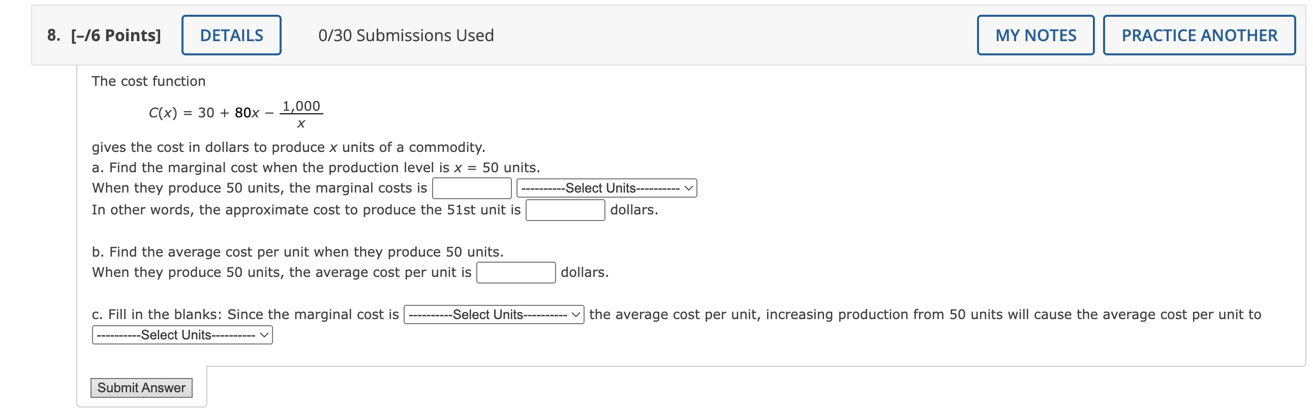 Solved The cost function C(x)=30+80x−x1,000 gives the cost | Chegg.com