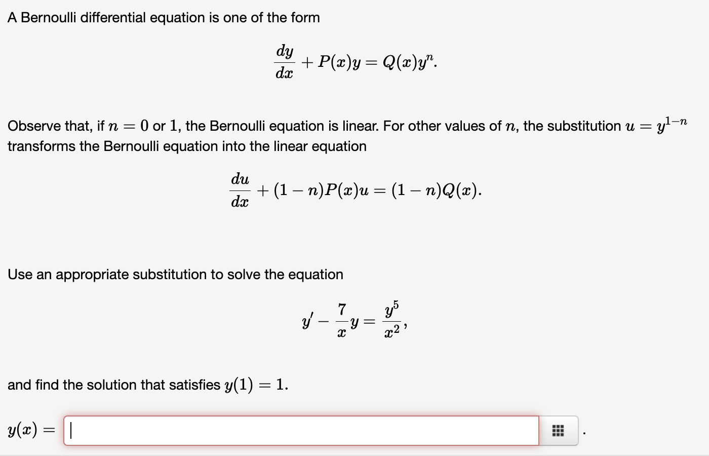 Solved A Bernoulli differential equation is one of the form | Chegg.com