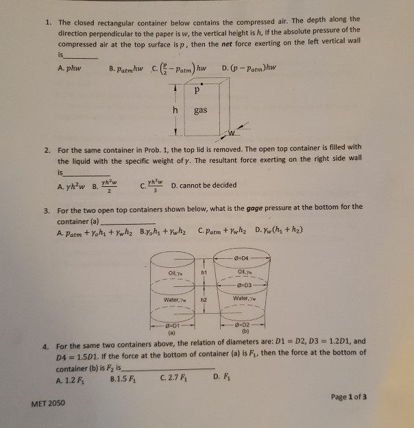 Solved 1. The closed rectangular container below contains | Chegg.com