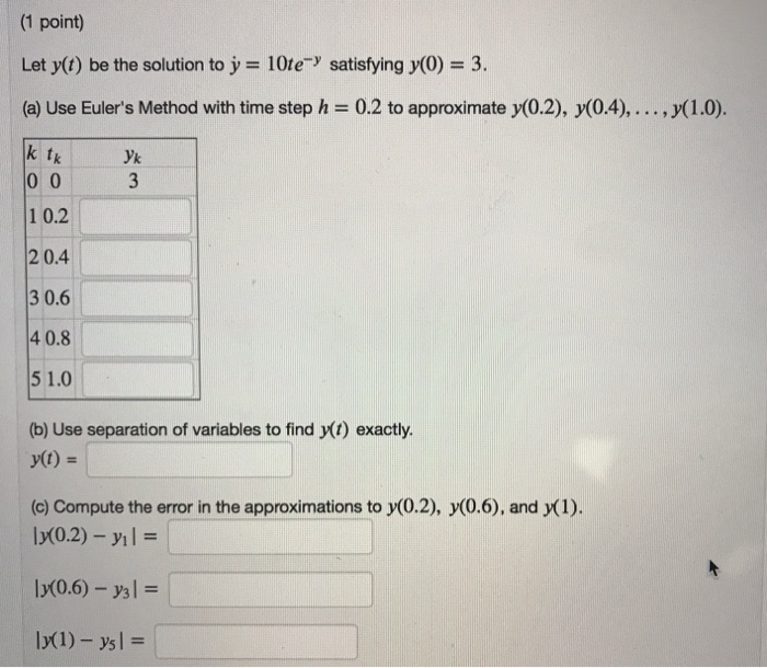 Solved (1 point) Let y(t) be the solution to y-|Oze-y | Chegg.com