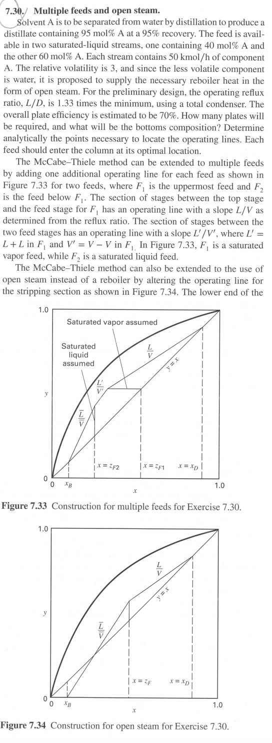 Solved 7.30. Multiple feeds and open steam. Solvent A is to | Chegg.com