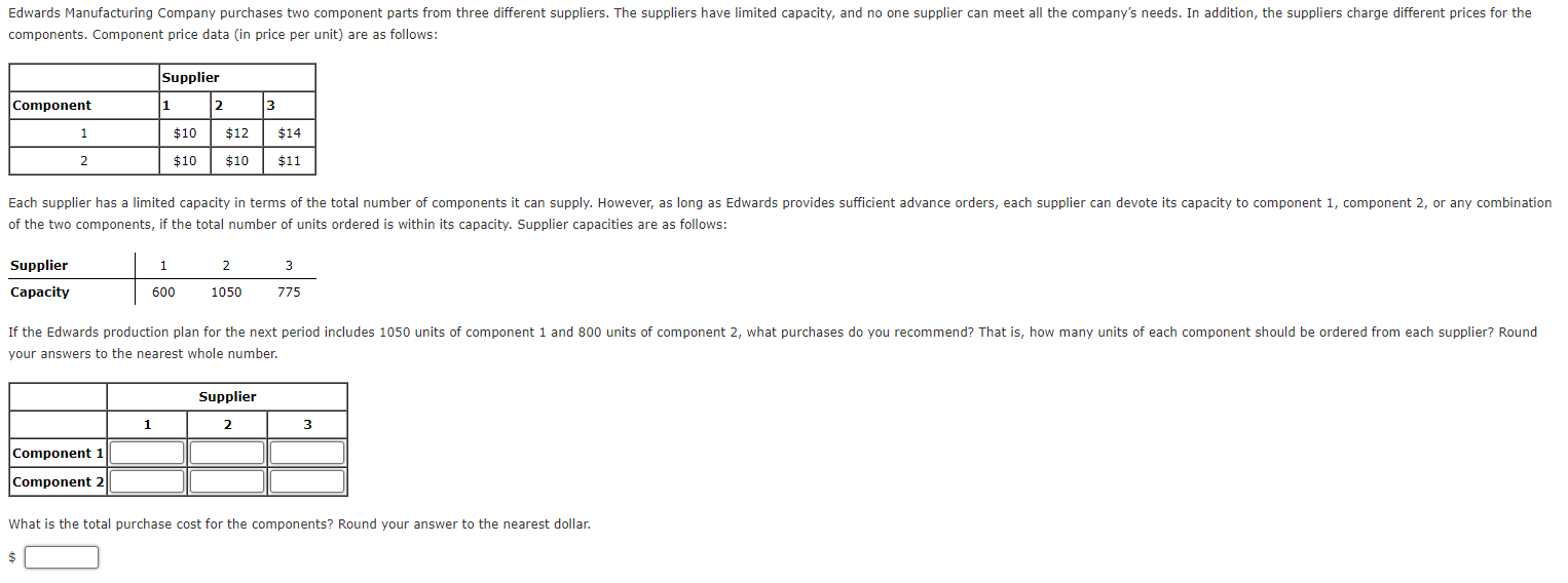 Solved components. Component price data (in price per unit) | Chegg.com