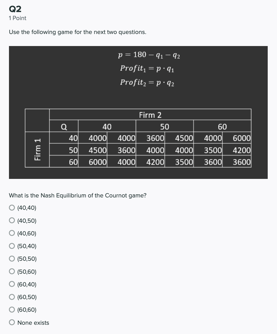 Solved Q2 1 Point Use the following game for the next two | Chegg.com