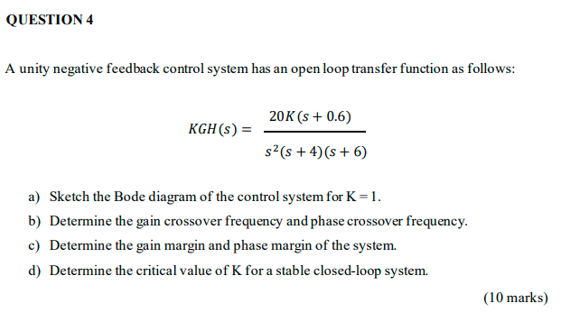 Solved QUESTION 4 A unity negative feedback control system | Chegg.com