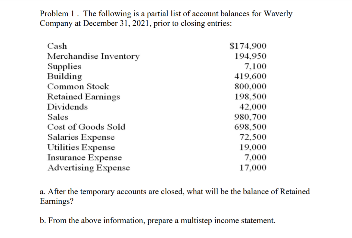 Solved Problem 1. The following is a partial list of account | Chegg.com