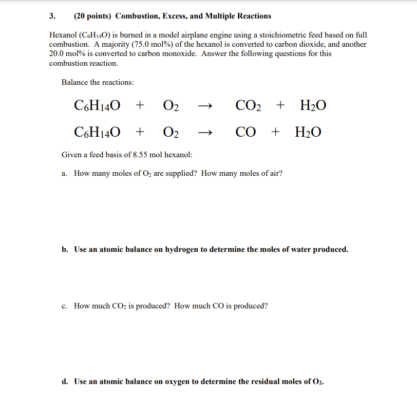 Solved 3. (20 points) Combustion, Excess, and Multiple | Chegg.com