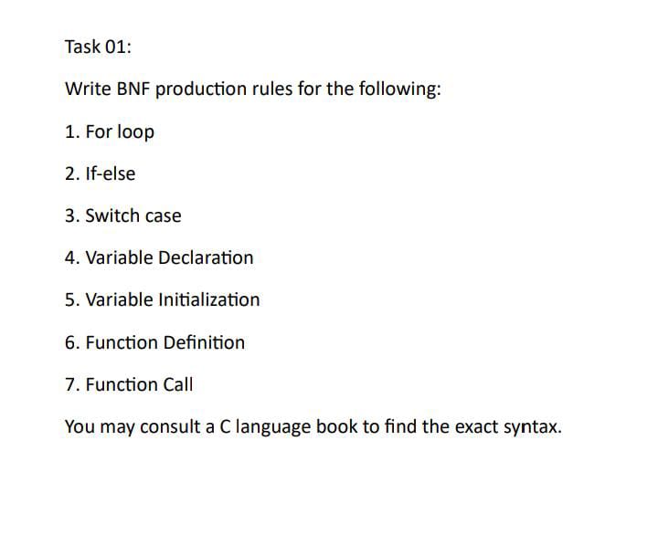 Solved Task 01: Write BNF production rules for the | Chegg.com