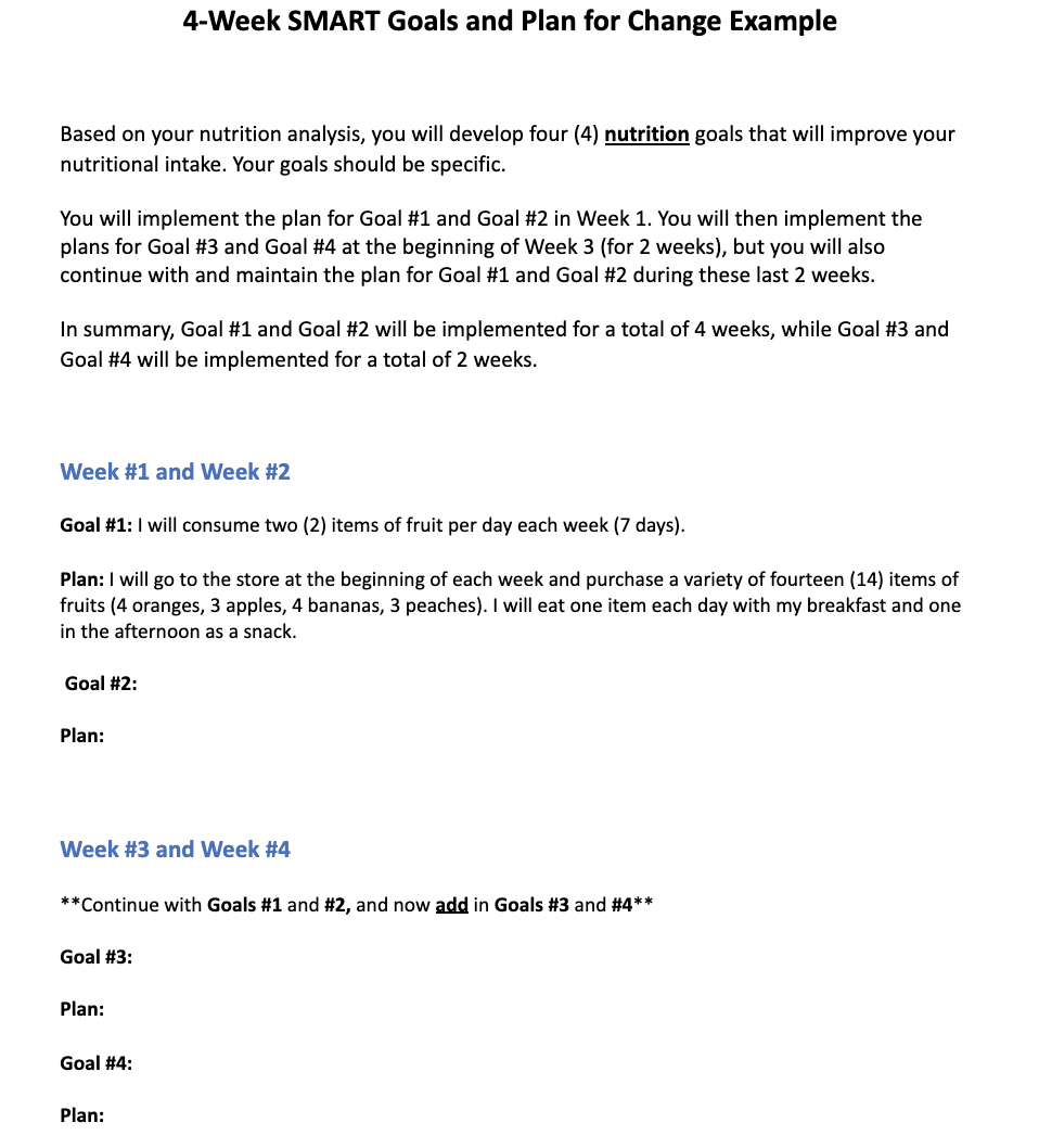 Solved 4-Week SMART Goals and Plan for Change Example Based | Chegg.com