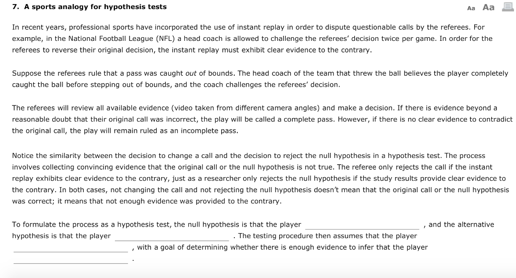 Solved 7. A sports analogy for hypothesis tests Aa Aa In | Chegg.com