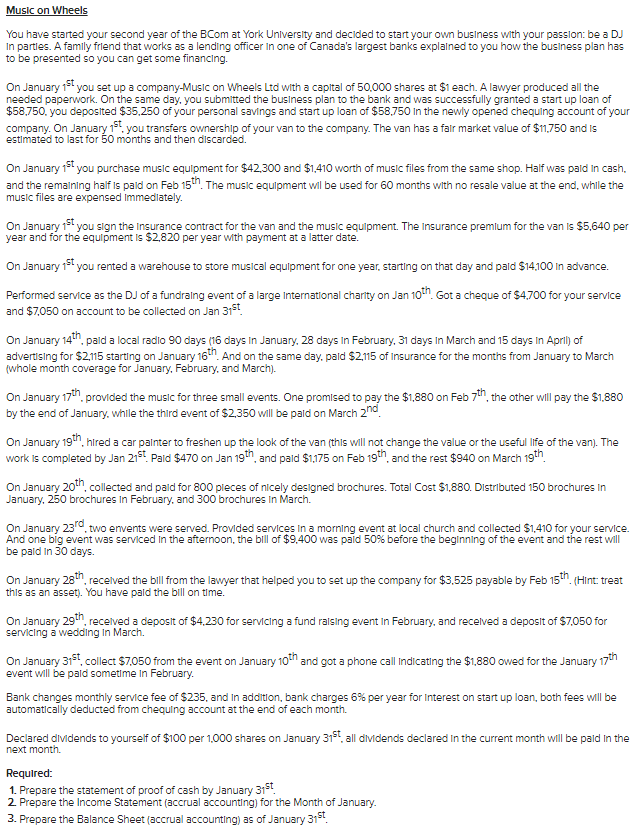 Solved Music on Wheels You have started your second year of | Chegg.com