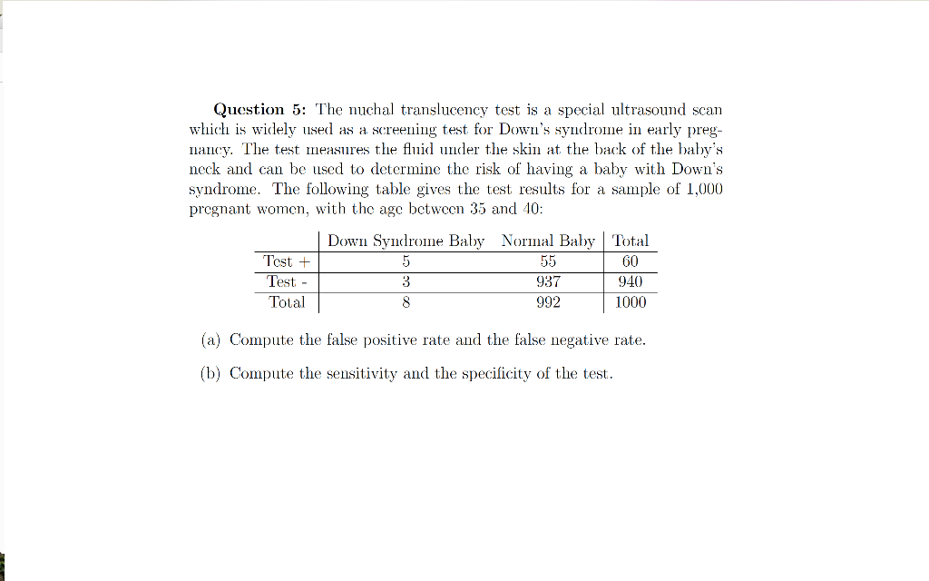 Solved Question 5: The nuchal translucency test is a special | Chegg.com
