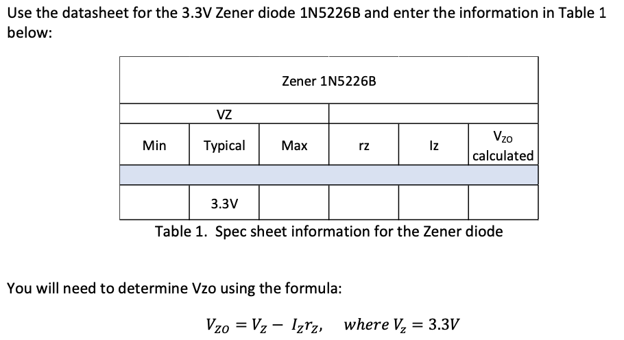 Solved Use the datasheet for the 3.3V Zener diode 1N5226B | Chegg.com