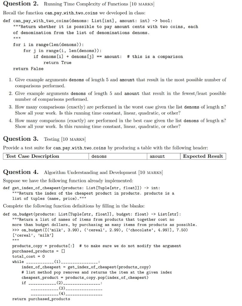 Solved Question 2. Running Time Complexity of Functions [10 | Chegg.com