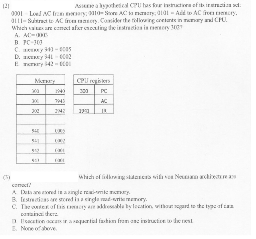Solved (2) Assume a hypothetical CPU has four instructions | Chegg.com