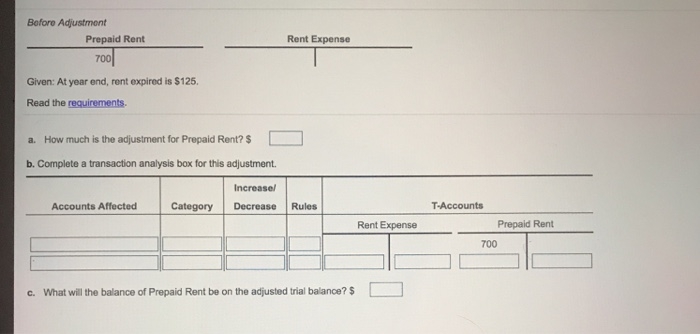 Solved Before Adjustmont Prepaid Rent Rent Expense 700 | Chegg.com
