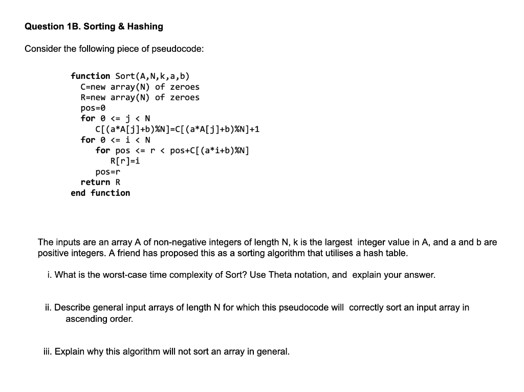 Solved Question 1B. Sorting & Hashing Consider the following | Chegg.com