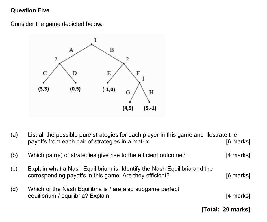 Solved Question Five Consider the game depicted below. 1 A B | Chegg.com