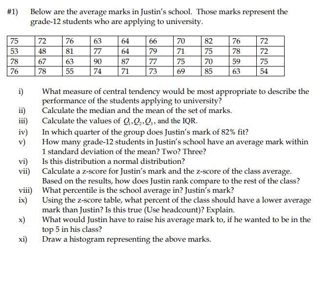 \#1) Below are the average marks in Justin's school. | Chegg.com