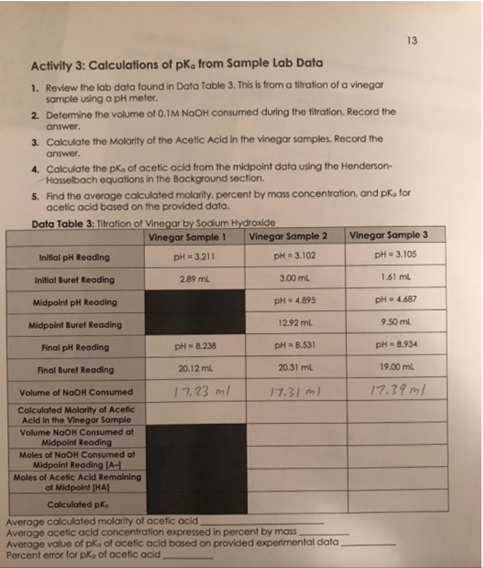 13 Activity 3: Calculations of pKa from Sample Lab | Chegg.com