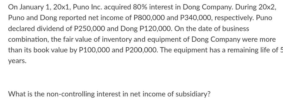 Solved On January 1, 20x1, Puno Inc. acquired 80% interest | Chegg.com