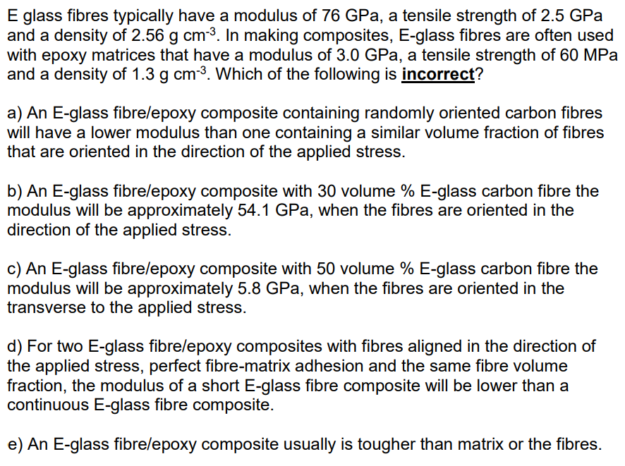 Solved E glass fibres typically have a modulus of 76 GPa, a | Chegg.com