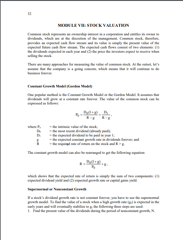 Solved 32 MODULE VII: STOCK VALUATION Common stock | Chegg.com
