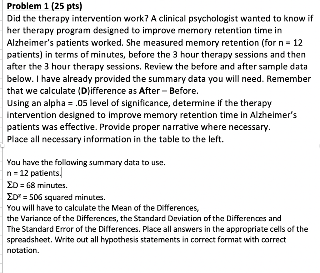 Solved Problem 1 Patient Before After Diff Diff^2 1 12 16 4 | Chegg.com