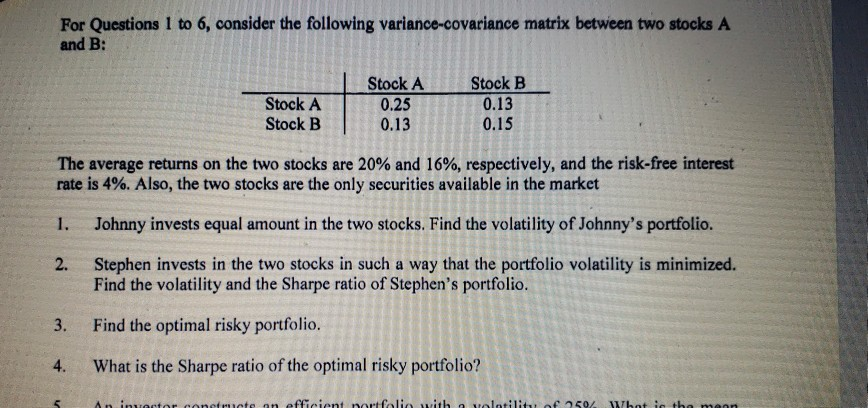 Solved For Questions 1 to 6, consider the following | Chegg.com