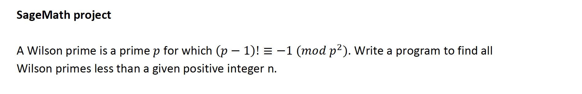 Solved SageMath project A Wilson prime is a prime p for | Chegg.com