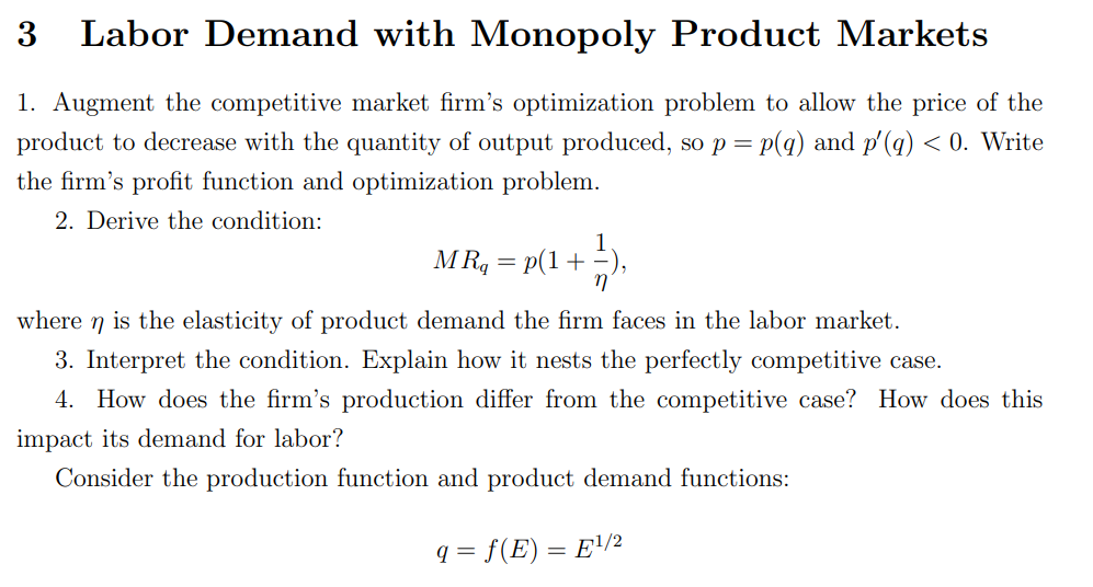 Solved 3 Labor Demand with Monopoly Product Markets 1. | Chegg.com