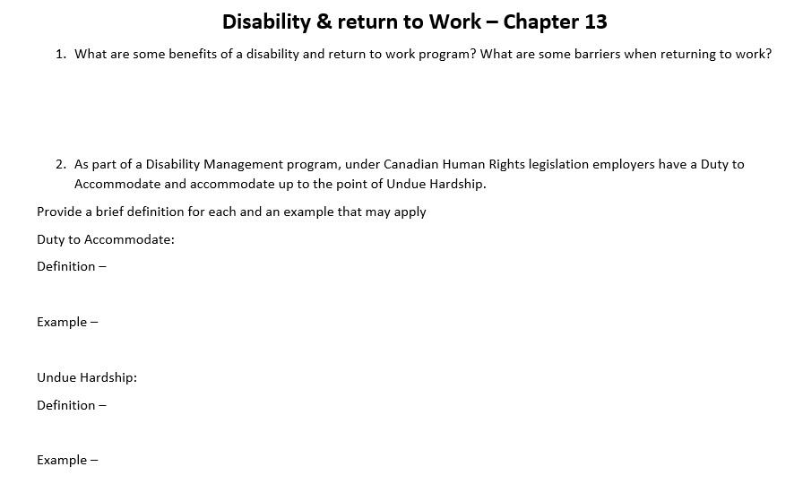 Solved Disability & return to Work - Chapter 13 1. What are | Chegg.com