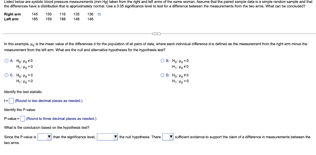 Solved measurement from the left arm. What are the null and | Chegg.com