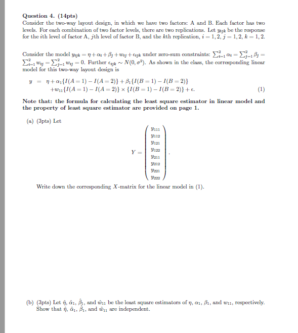 Question 4. (14pts) Consider the two-way layout | Chegg.com