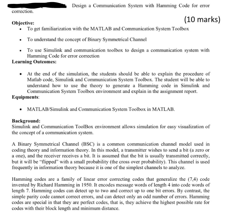 Solved Design a Communication System with Hamming Code for | Chegg.com