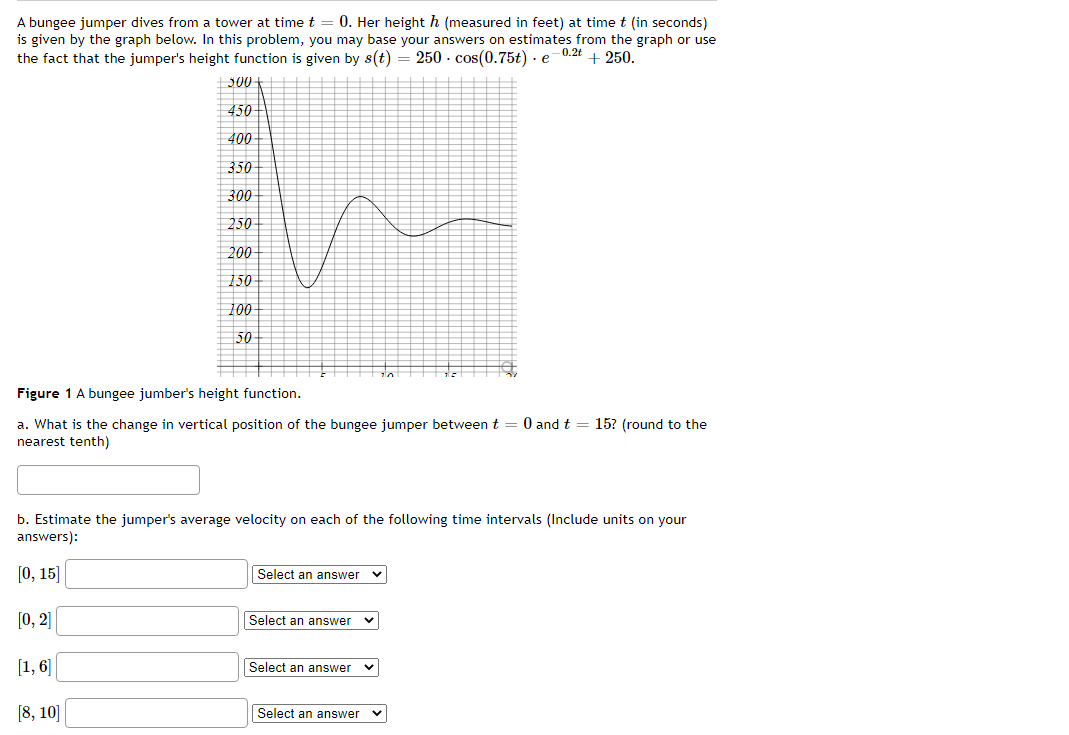 Solved A bungee jumper dives from a tower at time t=0. Her | Chegg.com