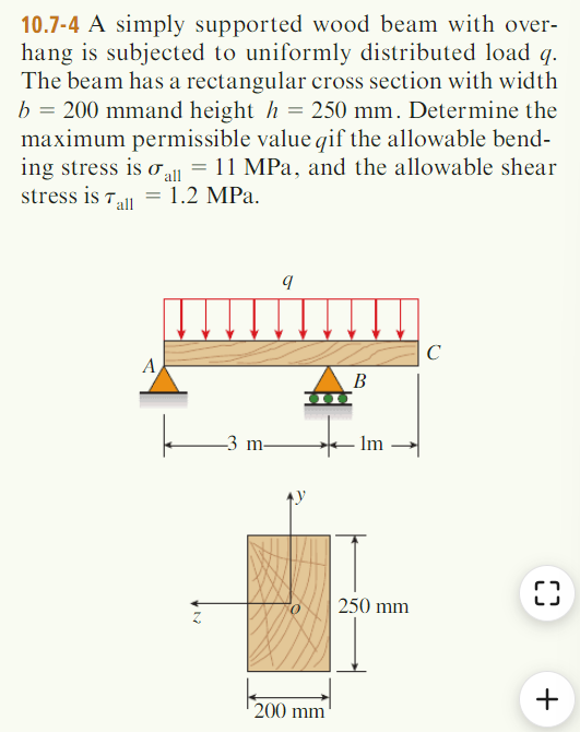 Solved 10.7-4 A simply supported wood beam with overhang is | Chegg.com