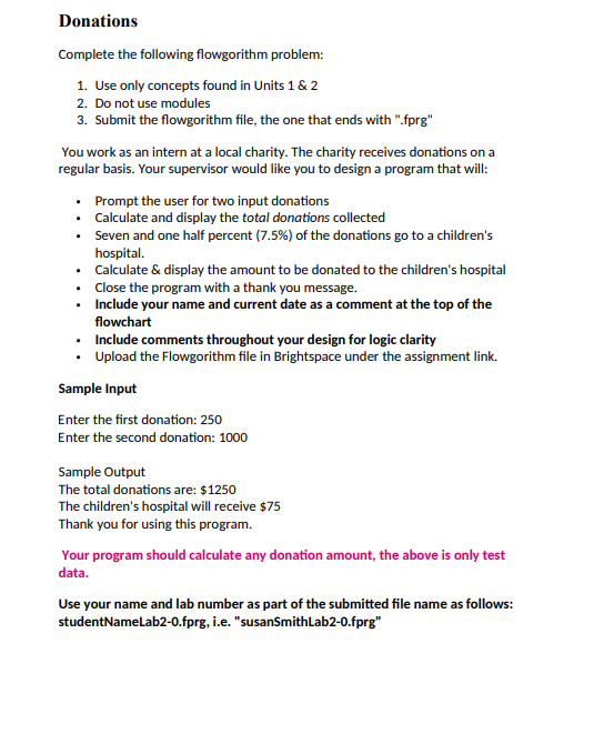 Solved Donations Complete the following flowgorithm problem: | Chegg.com