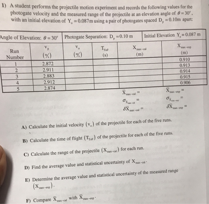 Solved 1) A student performs the projectile motion | Chegg.com